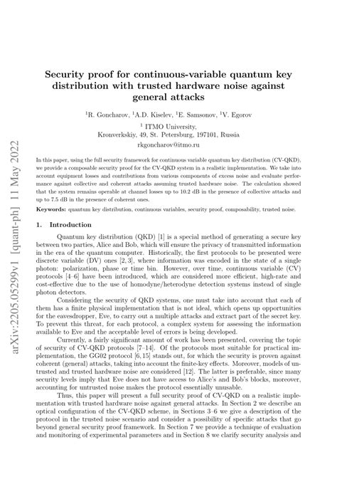Pdf Security Proof For Continuous Variable Quantum Key Distribution With Trusted Hardware