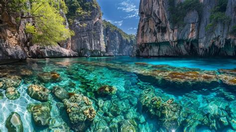 A Secluded Lagoon Surrounded By Towering Limestone Cliffs Where