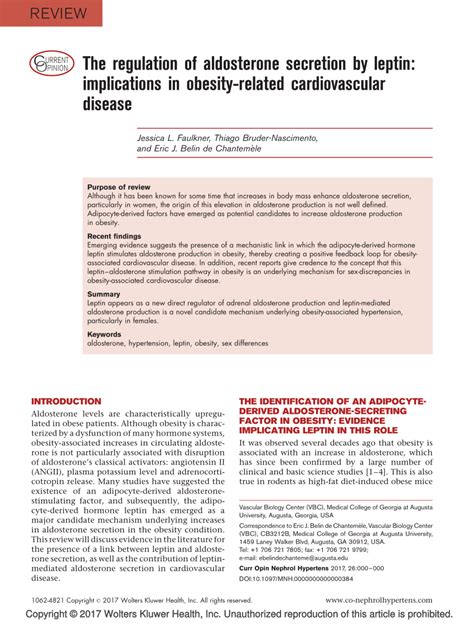 Pdf The Regulation Of Aldosterone Secretion By Leptin Implications In Obesity Related
