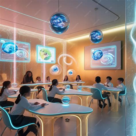 Default A Futuristic Classroom Oil On Canvas Depicts A Vibrant