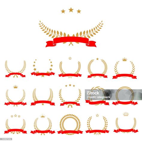 노란색 월계관과 빨간 리본은 벡터 삽화를 설정합니다 나뭇잎 왕관 및 별 실루엣 트로피 금상 증서 또는 흰색으로 분리된 의식에 대한 생일 축하 수상자 상 1위에 대한 스톡
