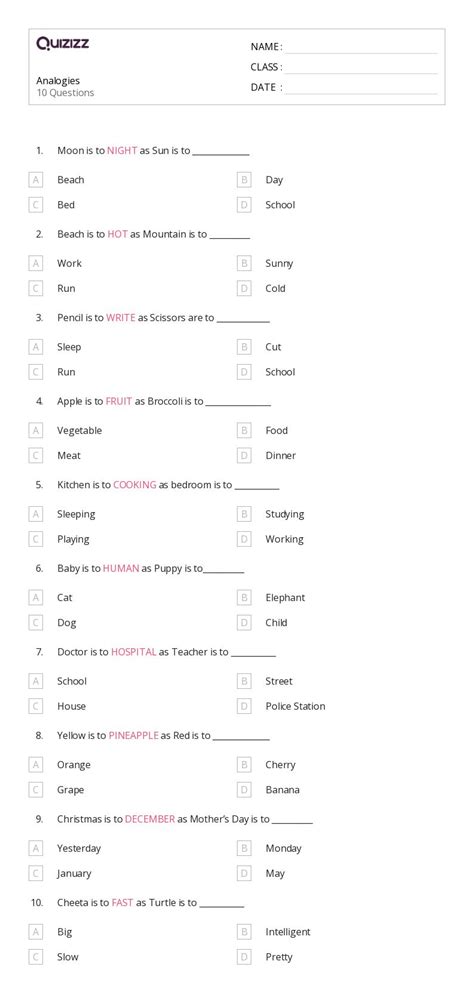 Free Printable Analogies Worksheet