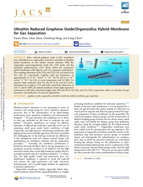 PDF Ultrathin Reduced Graphene Oxide Organosilica Hybrid Membrane For Gas Separation