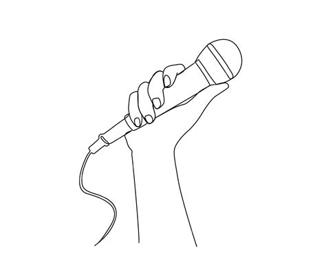 활성 스트로크 보컬리스트 팟캐스트 방송 및 음악 개념을 사용하여 마이크 마이크 간단한 라인 아트를 들고 있는 손의 연속 선 그리기 프리미엄 벡터