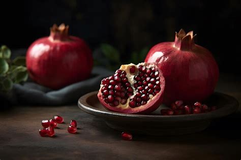 Premium Ai Image Ripe Pomegranate With Juicy Seeds On Old Wooden Table Neural Network Ai Generated