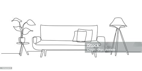 램프와 화분에 구운 낙엽 식물소파의 연속 라인 드로잉 심플한 선형 스타일로 두 개의 베개가있는 소파의 현대적인 가구 편집 가능한 스트로크 벡터 일러스트레이션 사무실 의자에