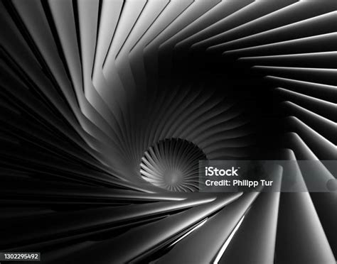 매트 알루미늄 또는 티타늄 금속 소재의 나선형 프랙탈 구조를 가진 부품 터빈 제트 엔진이 있는 추상 미술 3d 배경 배경의 3d