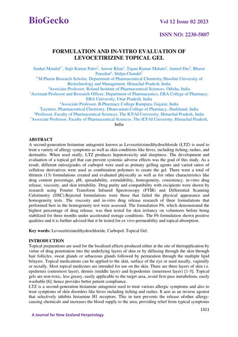 Pdf Formulation And In Vitro Evaluation Of Levocetirizine Topical Gel
