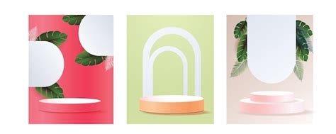 3d 기하학적 연단 모형 잎 쇼케이스 녹색 배경 추상에 대 한 열 대 자연 개념 프리미엄 벡터