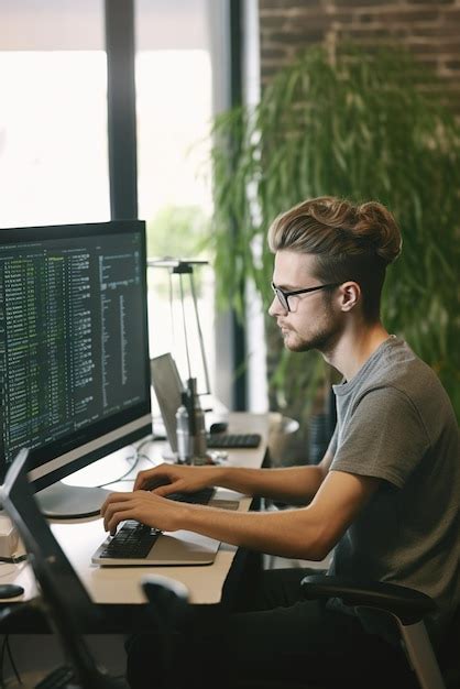 Focused Young Male Programmer Working On Multiple Computer Screens With