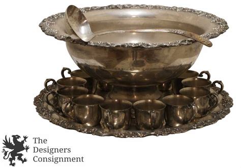 Vintage Silver Plate Punch Bowl Set Tray Platter 12 Cups Sheridan Ladle