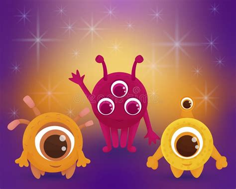 Illustration With Aliens 10 Cute Space Characters In Cartoon Style
