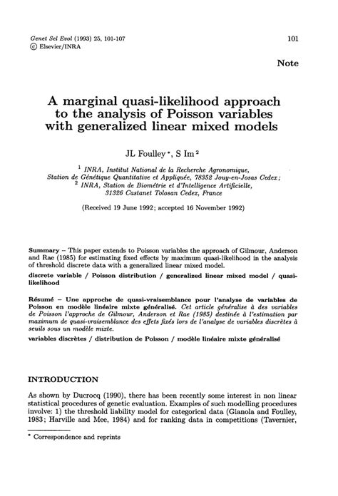 Pdf A Marginal Quasi Likelihood Approach To The Analysis Of Poisson