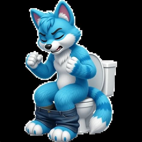 Blue Furry Fursuit Sitting On Toilet Side View Pants Down Straining