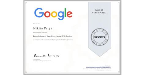 Completion Certificate For Foundations Of User Experience Ux Design Nikita Priya
