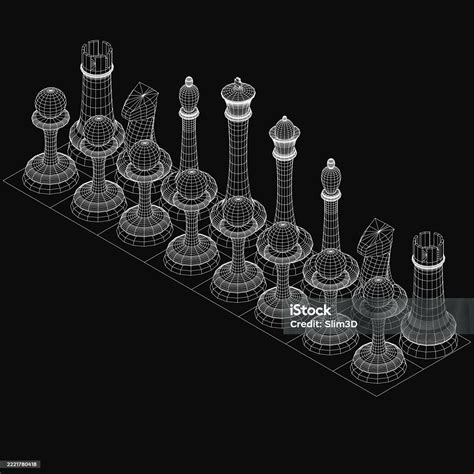 전통적인 형태로 배열된 금속 조각이 있는 체스 세트의 3d 모델로 검은색 배경에 광택이 나는 흰색 말이 특징입니다 왕과 왕비가 서로 마주 보며 인상적인 장면을 연출합니다