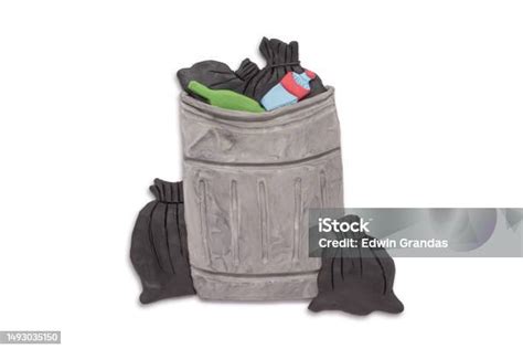 도시 쓰레기 봉투 검은 쓰레기 봉투와 쓰레기 금속은 플라스틱으로 수제 할 수 있습니다 쓰레기로 가득 찬 검은 가방이 있는 쓰레기통 생태와 환경 개념 흰색 배경에 격리 가방에