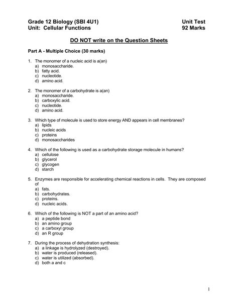 Grade 12 Biology Unit Test Cellular Functions