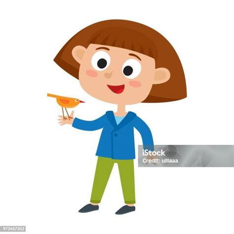 벡터 일러스트 레이 션의 사랑 스러운 어린 소녀와 귀여운 오렌지 새 귀여운에 대한 스톡 벡터 아트 및 기타 이미지 귀여운 놀기 놀이 Istock