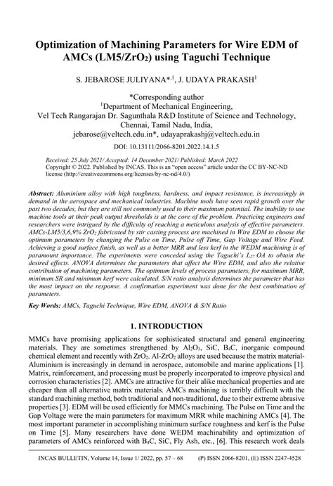 Pdf Optimization Of Machining Parameters For Wire Edm Of Amcs Lm5 Zro2 Using Taguchi Technique