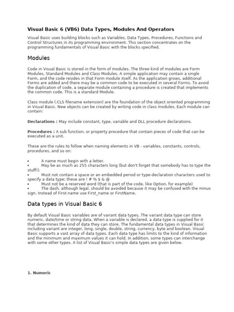 Control Structures Selection In Visual Basic 6 Pdf Data Type