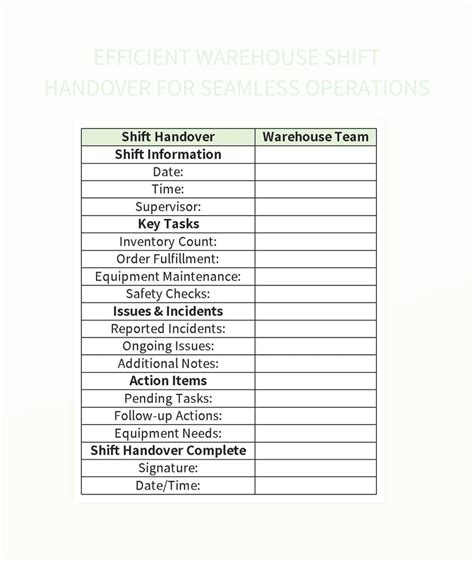 Efficient Warehouse Shift Handover For Seamless Operations Excel Template And Google Sheets File ...