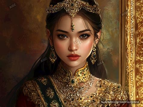 ai创作图金色 皇室 肖像 女性 珠宝 传统 服装 王冠 耳环 项链 绘画 数字艺术 幻想 东方 美丽 华丽 细节 精致 丰富 色彩 纹理