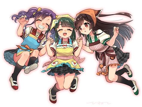 Safebooru 3girls Apron Black Hair Closed Eyes Ensemble Girls Full