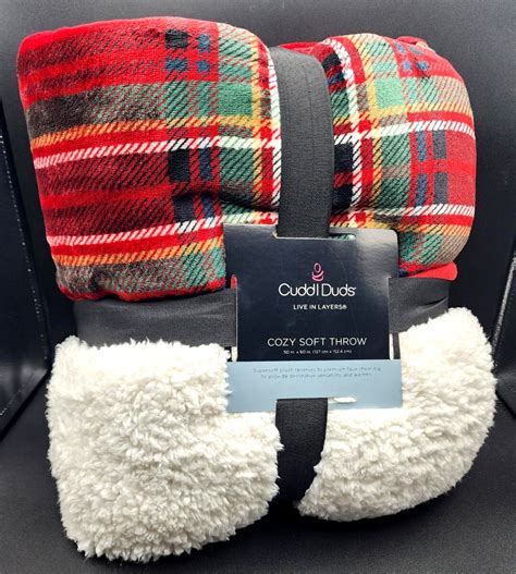 Cuddl Duds Cozy Plush Sherpa Reversible Throw Blanket Red Green Tartan