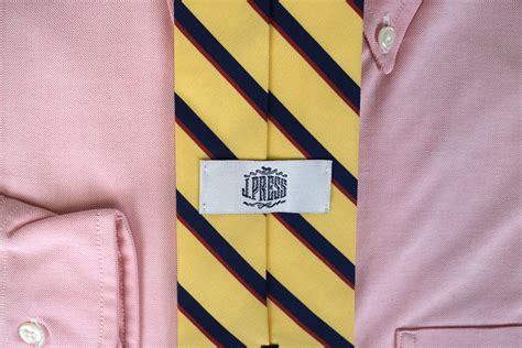 J Press Yellow W Navy Burg Repp Stripe Irish Poplin Wool Silk Tie