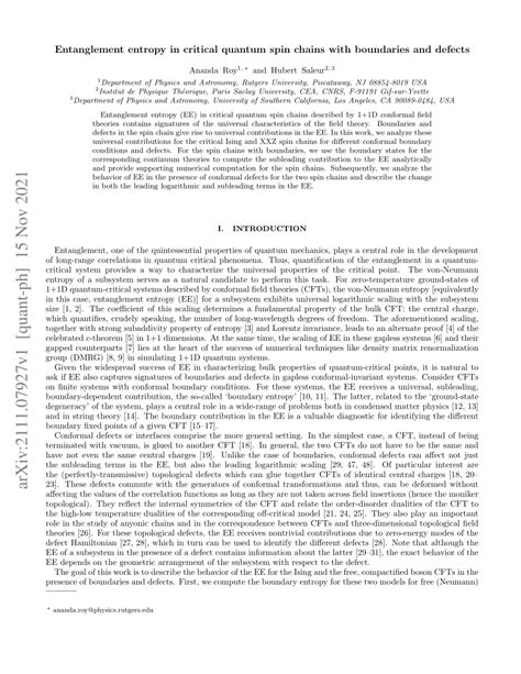 Pdf Entanglement Entropy In Critical Quantum Spin Chains With Boundaries And Defects