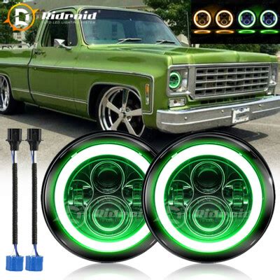 Pair 7 Round Led Headlight Green Halo Drl Hi Lo Beam For Chevy Truck Camaro C10 Ebay