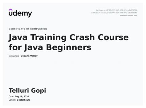 Telluri Gopi On Linkedin Java Training Crash Course For Java Beginners Completation Certificate