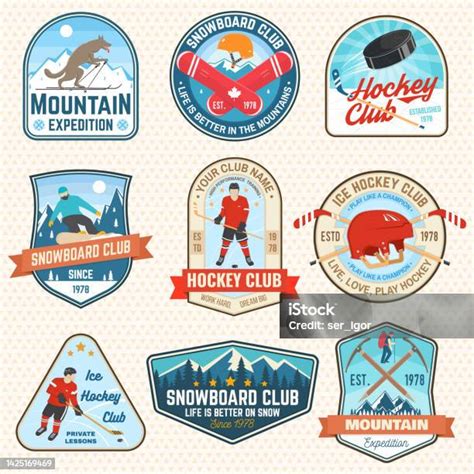 아이스 하키와 스노우 보드 클럽 패치 세트 벡터 배지 인쇄 스탬프 또는 티에 대한 개념 스노우 보더 스키 타기 아이스 하키 플레이어 스티커 퍽이있는 빈티지 타이포그래피