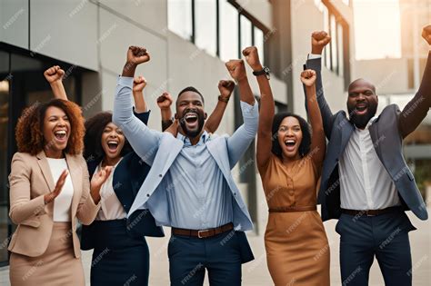 Happy Diverse Employees Team Celebrating Success Business Achievement