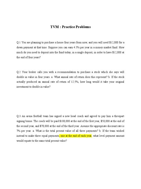 Practice Questions On Tvm Pdf Loans Present Value
