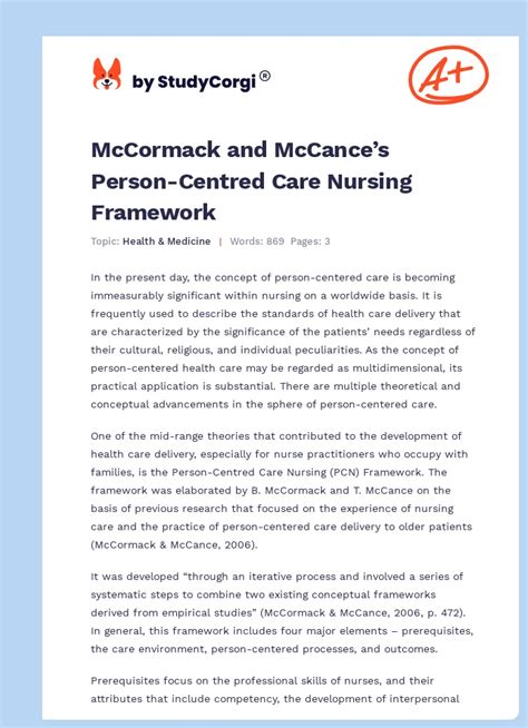 Mccormack And Mccances Person Centred Care Nursing Framework Free Essay Example