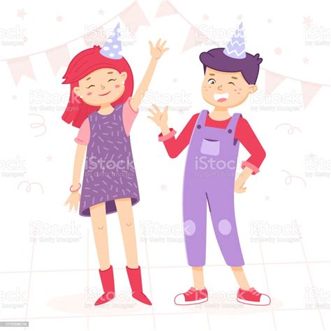 소녀와 소년과 파티 인사말 카드 아이들은 손으로 흔들고 있습니다 파티에 오신 것을 환영합니다 기호 생일 초대장 만화 스타일의 일러스트레이션 공휴일에 대한 스톡 벡터 아트 및