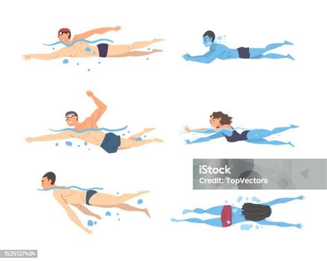 물 속에서 수영하고 거품 벡터 세트로 뛰어드는 사람들 캐릭터 수영 동작 활동에 대한 스톡 벡터 아트 및 기타 이미지 수영