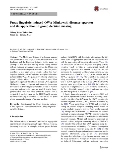 Pdf Fuzzy Linguistic Induced Owa Minkowski Distance Operator And Its