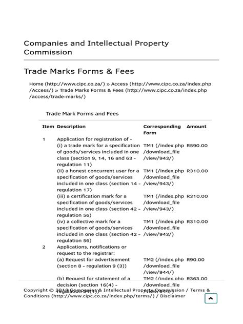 Cipc Trade Marks Forms And Fees Pdf Trademark