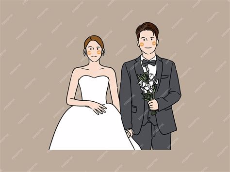 웨딩 드레스 만화 캐릭터에 귀여운 신부와 신랑 커플 프리미엄 벡터