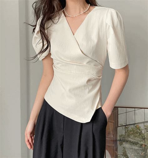 💖고퀄리허리잘록 퍼프 랩 셔링 블라우스 반팔블라우스 퍼프블라우스 셔링블라우스 데이트룩 하객룩 3color