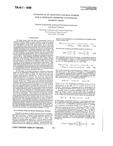 Pdf Analysis Of An Adaptive Control Scheme For A Partially Observed Controlled Markov Chain