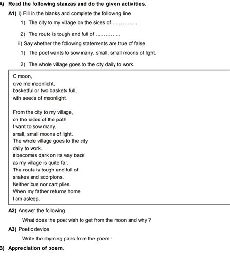 A Read The Following Stanzas And Do The Given Activities A1 I Fill I