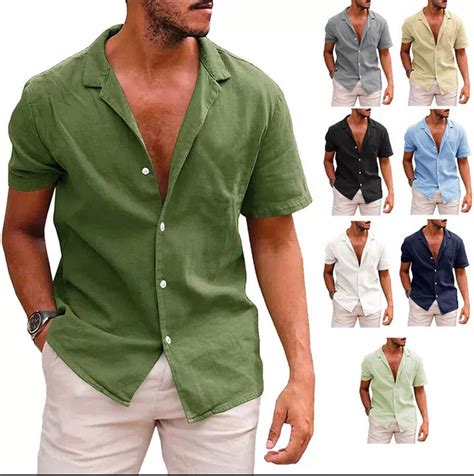 Mens Summer Linen Cotton Tops Short Sleeve Casual Button Down T Shirt