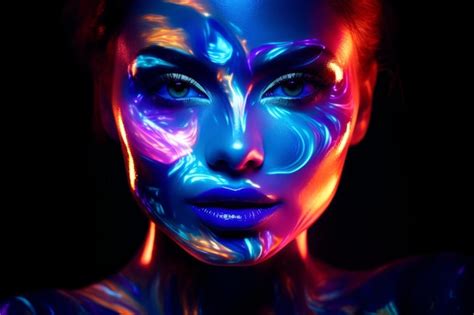 Premium AI Image Radiant Glow Mesmerizing Neonlit Fashion Model With Vibrant UV Makeup
