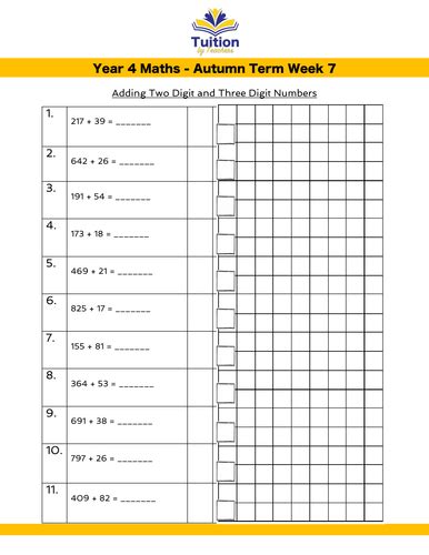 year 4 add and subtract 2 digit numbers from 3 digit numbers