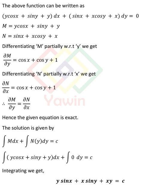 Solve Dy Dx Y Cosx Siny Y Sinx Xcosy X 0 Yawin