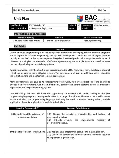 Unit 41 Unit Plan Pdf Java Programming Language Java Virtual
